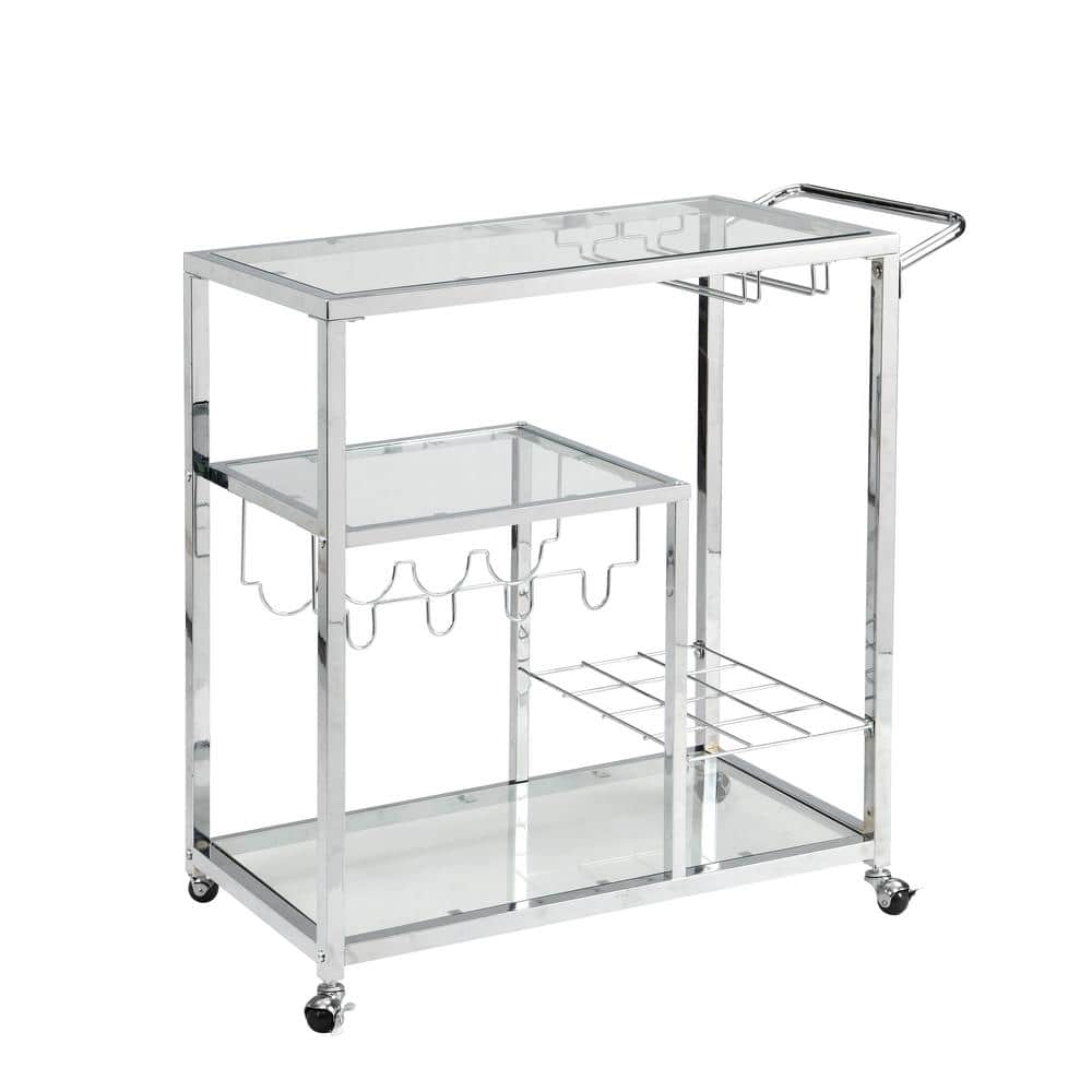 Tileon Silver Bar Serving Cart Tempered Glass Metal Frame Wine Storage ...