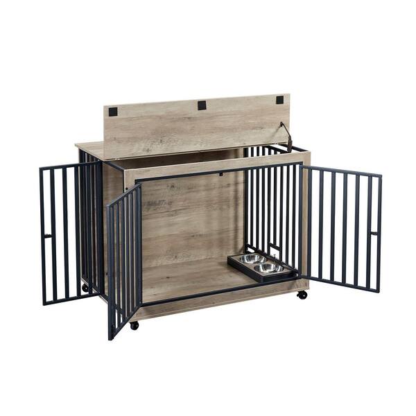 Foobrues Dog Crate Side Table with Feeding Bowl, Wheels, 3-Doors for ...