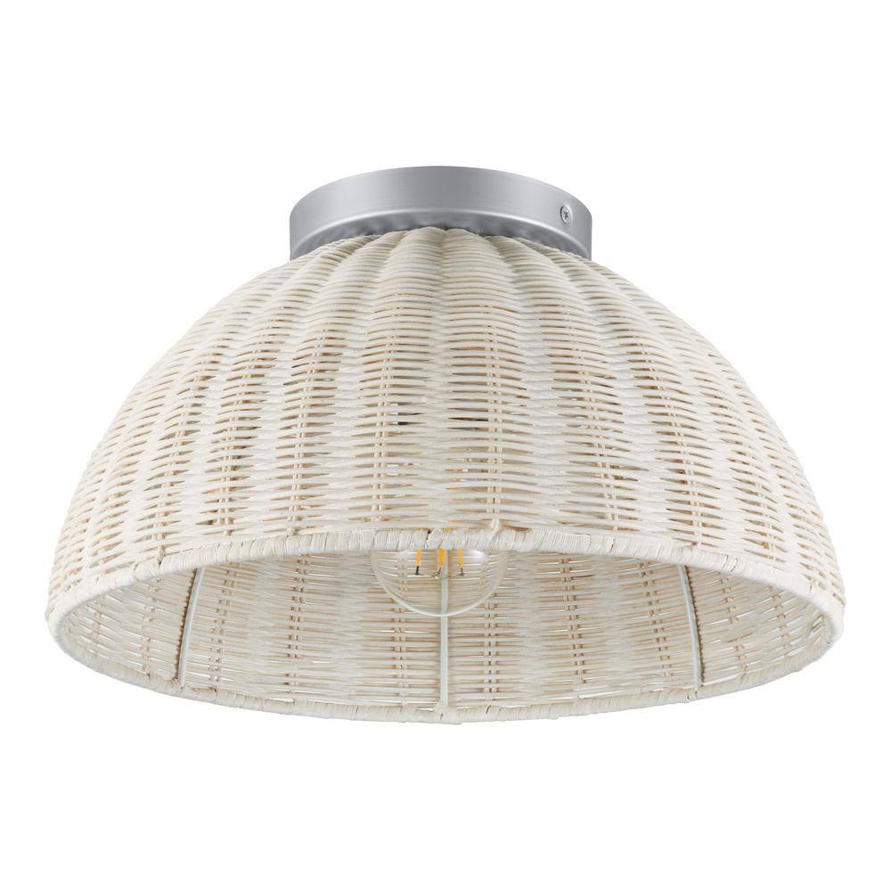 Hampton Bay Highler 13 in. Silver Flush Mount with White Rattan Shade ...