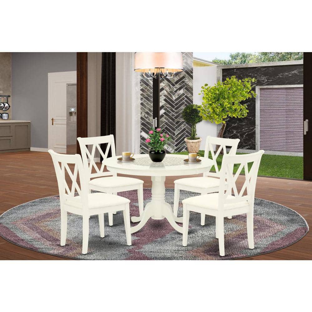 East West Furniture 5-Piece Round Linen White Finish Solid Wood Top ...