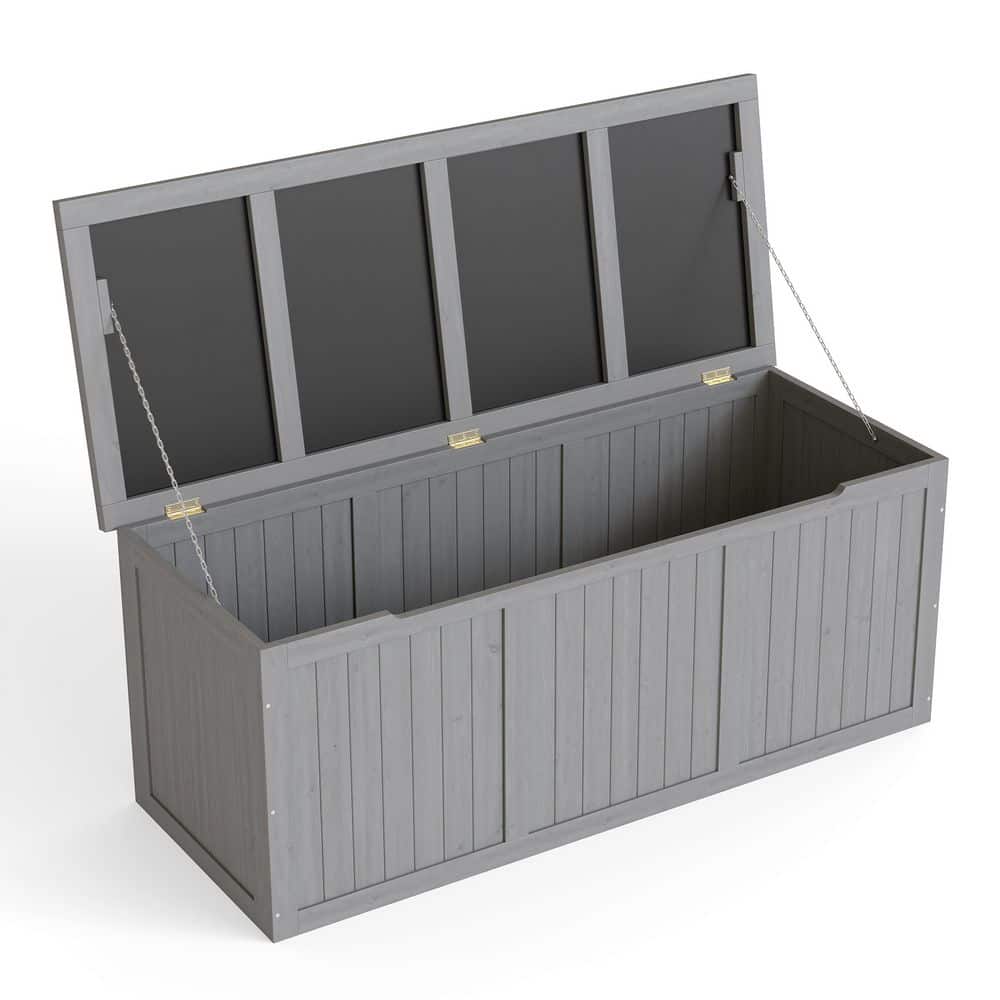 112 Gal. Gray Solid Wood Deck Box, Outdoor Storage Box with Hinged Lid ...
