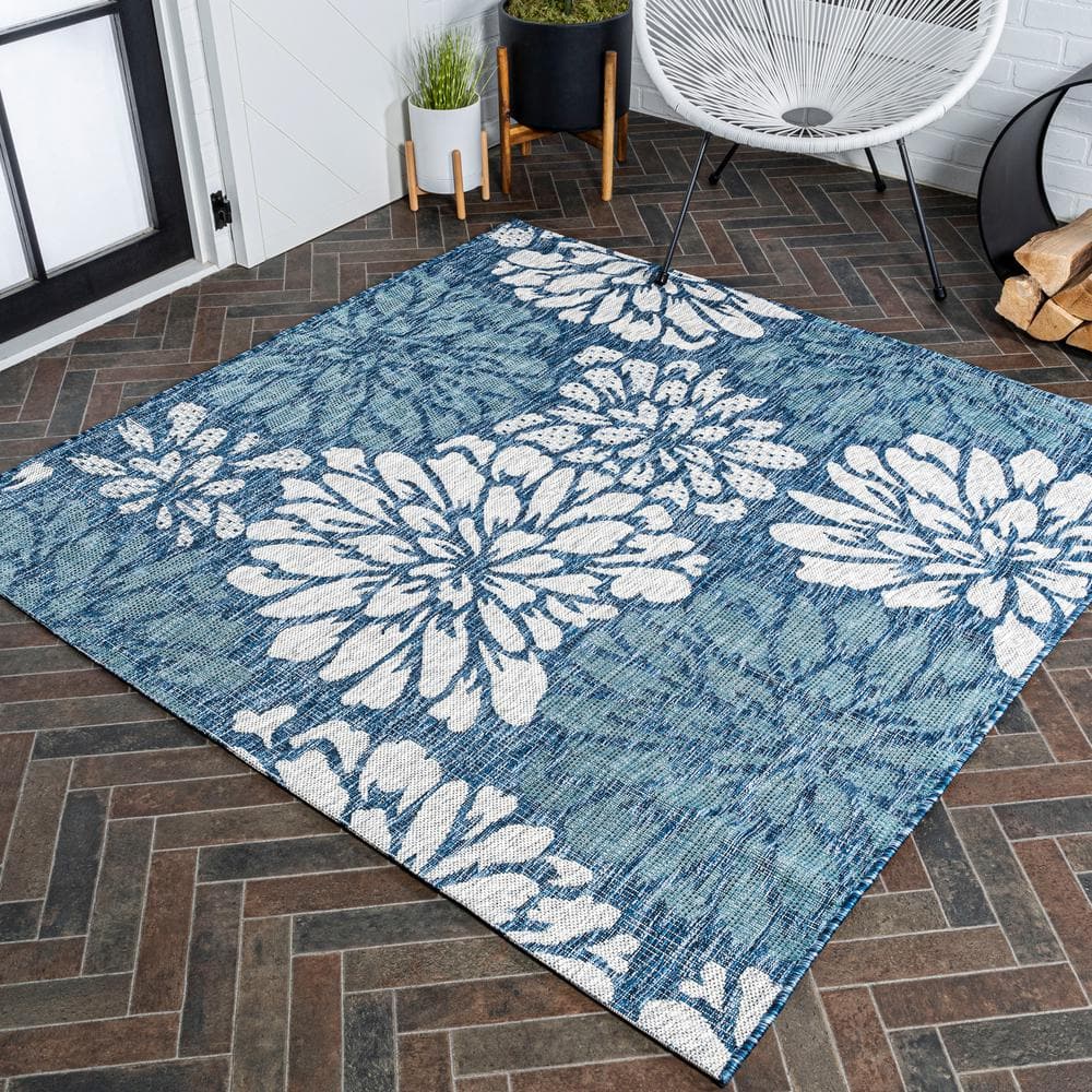 JONATHAN Y Zinnia Modern Floral Textured Weave Navy/Aqua 8 ft. x 8 ft ...