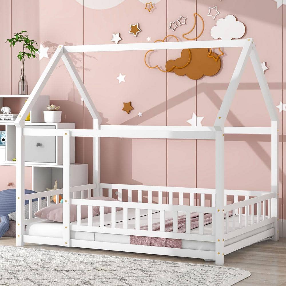 Harper And Bright Designs White Full Size Wooden House Bed With Fence