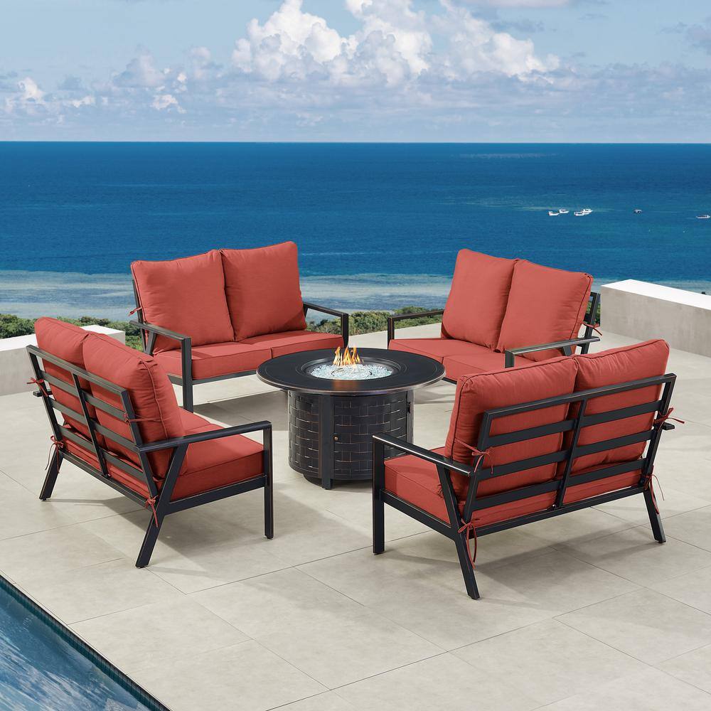 Oakland Living Black 5-Piece Aluminum Patio Fire Table Set with Red ...