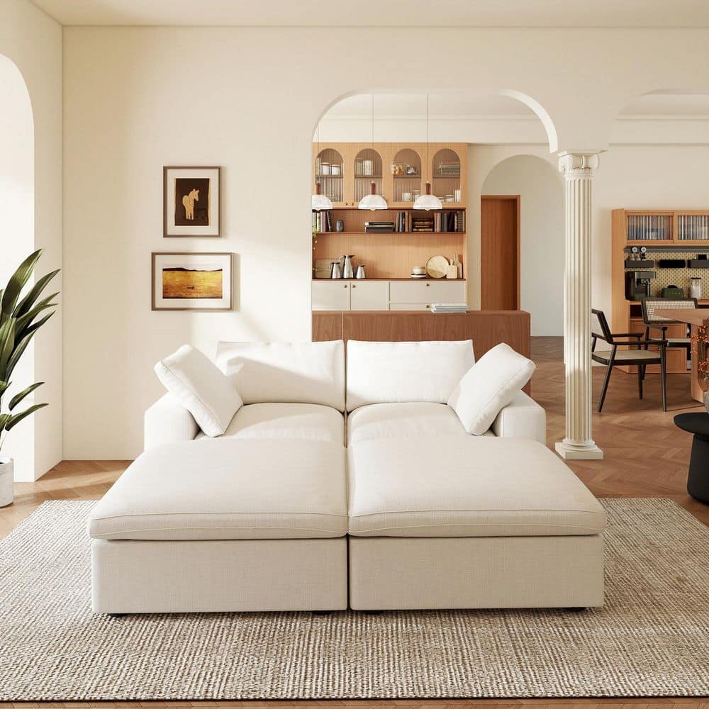 Magic Home 79 in. Modular White Linen Full Size 2-Seat Convertible ...