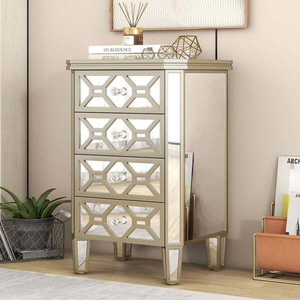 Elegant Mirrored 4 Drawer Dresser Chest with Golden Lines Storage Cabinet Silver