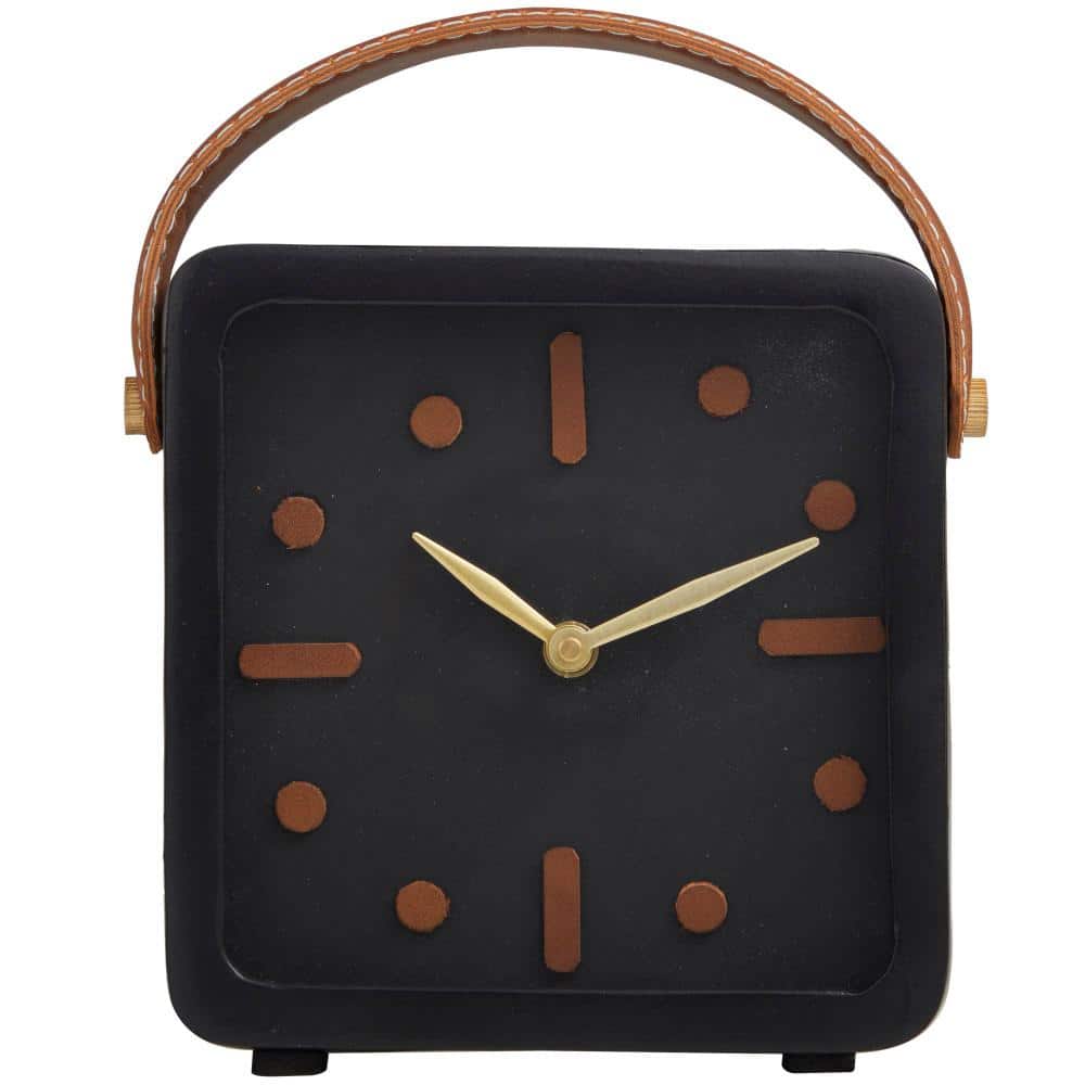 Litton Lane 7 in. x 8 in. Black Metal Small Clock with Leather Handle ...