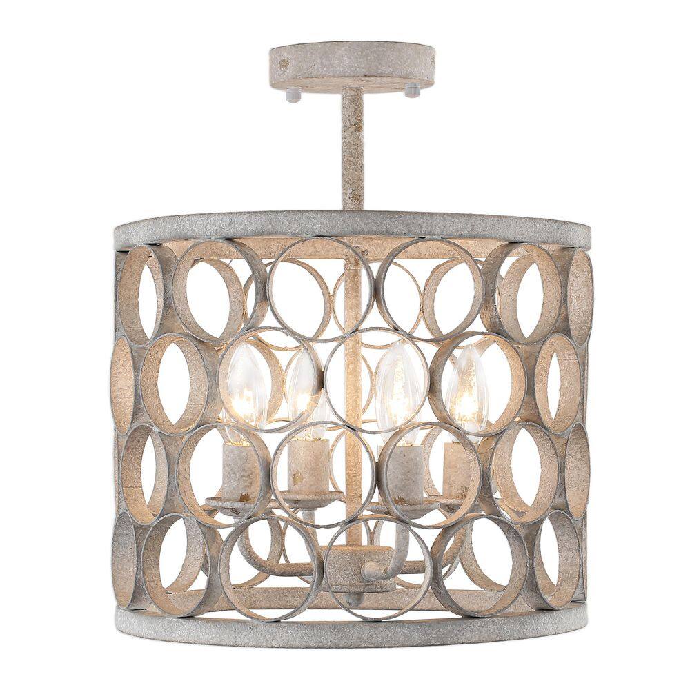 PAKOKULA Farmhouse 13.4 in. 4-Light Distressed White Cage Semi-Flush ...
