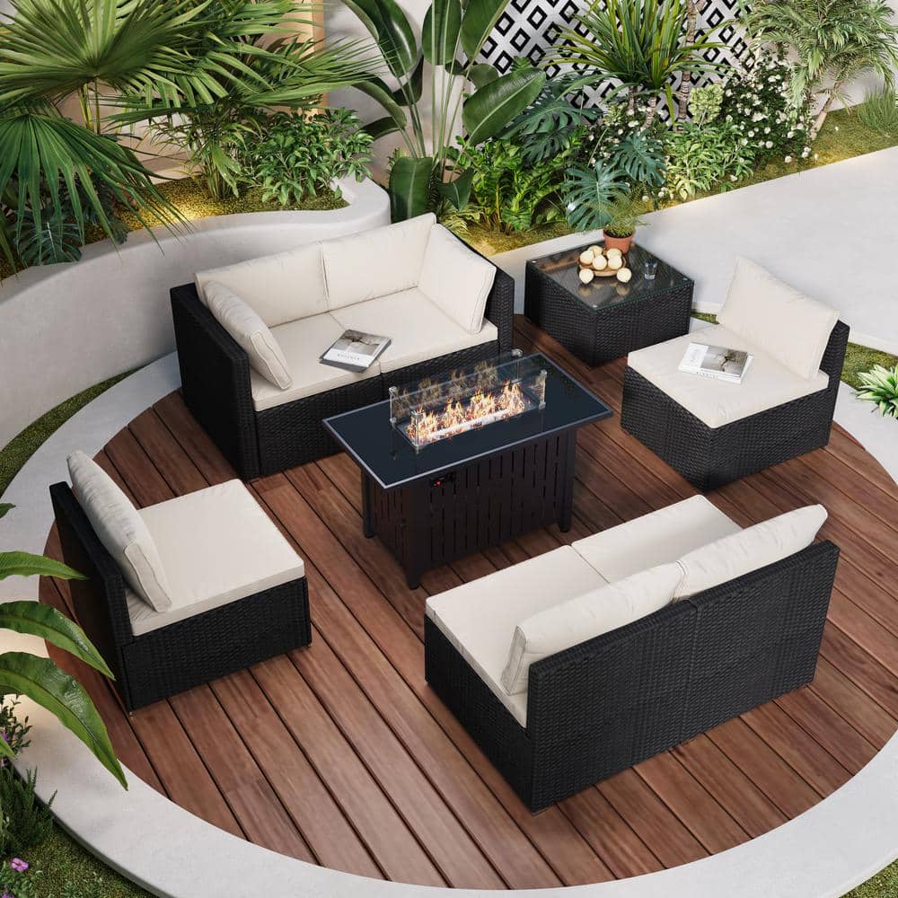 LQOFZ 8-Piece Black Wicker Patio Conversation Set with 43 in. Outdoor ...