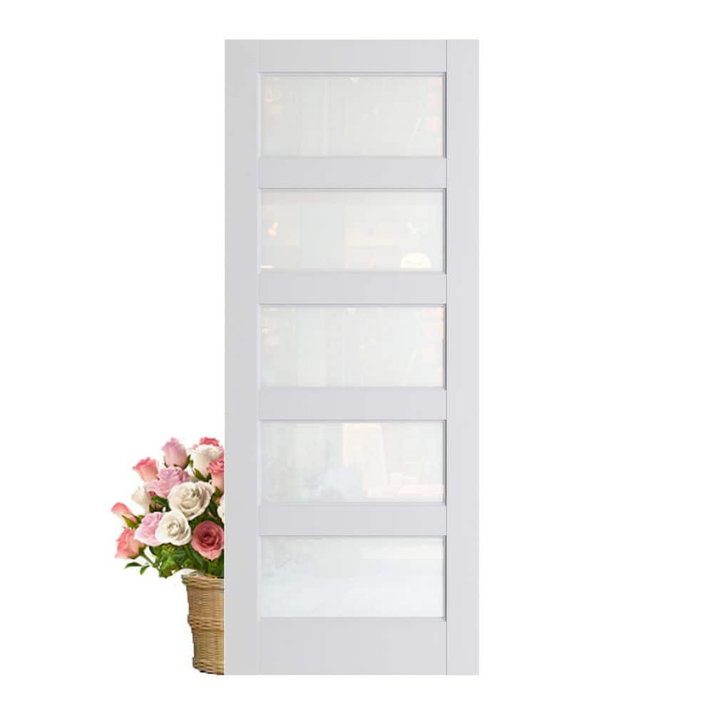 SOCBAZZAR 36 in. x 80 in. 5-Lite Solid Core Frosted Glass White Primed ...