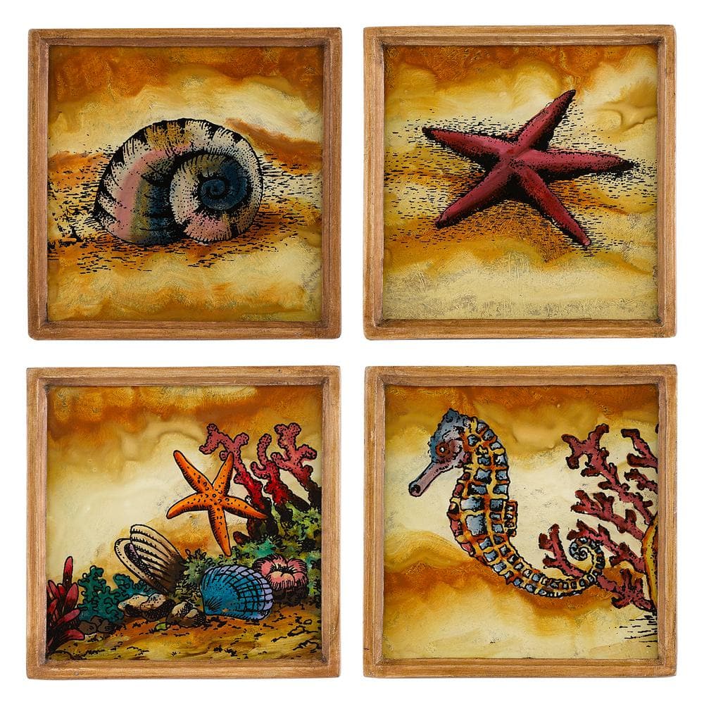 Badash Crystal 4 in. 4-Piece Assorted Square Sea Shore Coaster Set RC4 ...