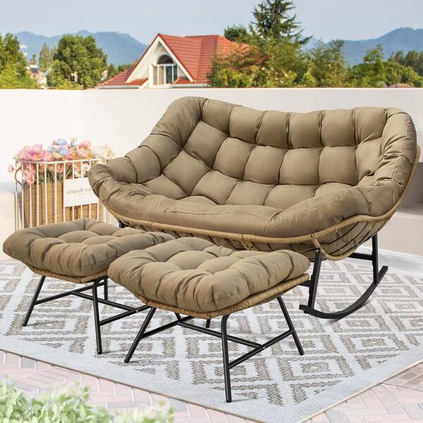 Unbranded Oversized PE Wicker Outdoor Rocking Chair Double Egg Chair Rocker Papasan Chair Loveseat with Brown Cushion and Ottoman HD RC BR NRT 1095 FR