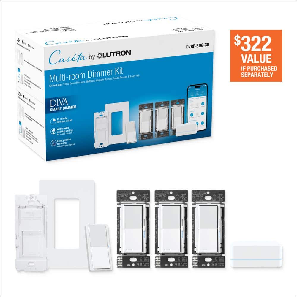 Lutron Diva Smart Dimmer Multi-Room Kit for Caseta Smart Lighting, with Smart Hub Plus Pico ...