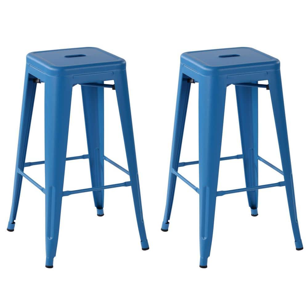Homy Casa Zolnes 29 in. Blue Backless Metal Frame Bar Stool (Set of 2 ...