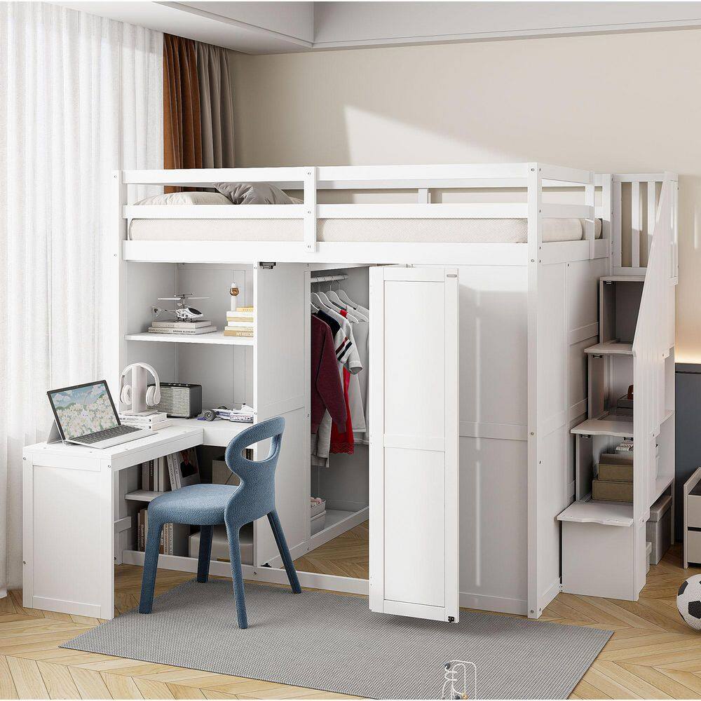 Polibi White Full Size Wood Loft Bed with Wardrobe, Desk and Shelves RD14-19552AAK - The Home Depot