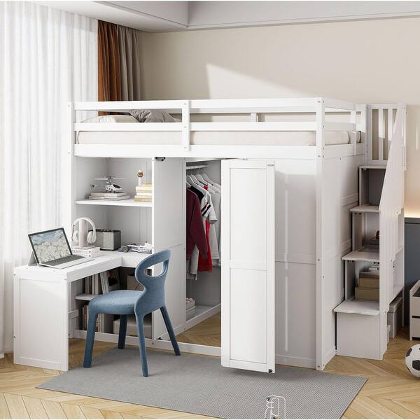 Polibi White Full Size Wood Loft Bed with Wardrobe, Desk and Shelves RD14-19552AAK - The Home Depot