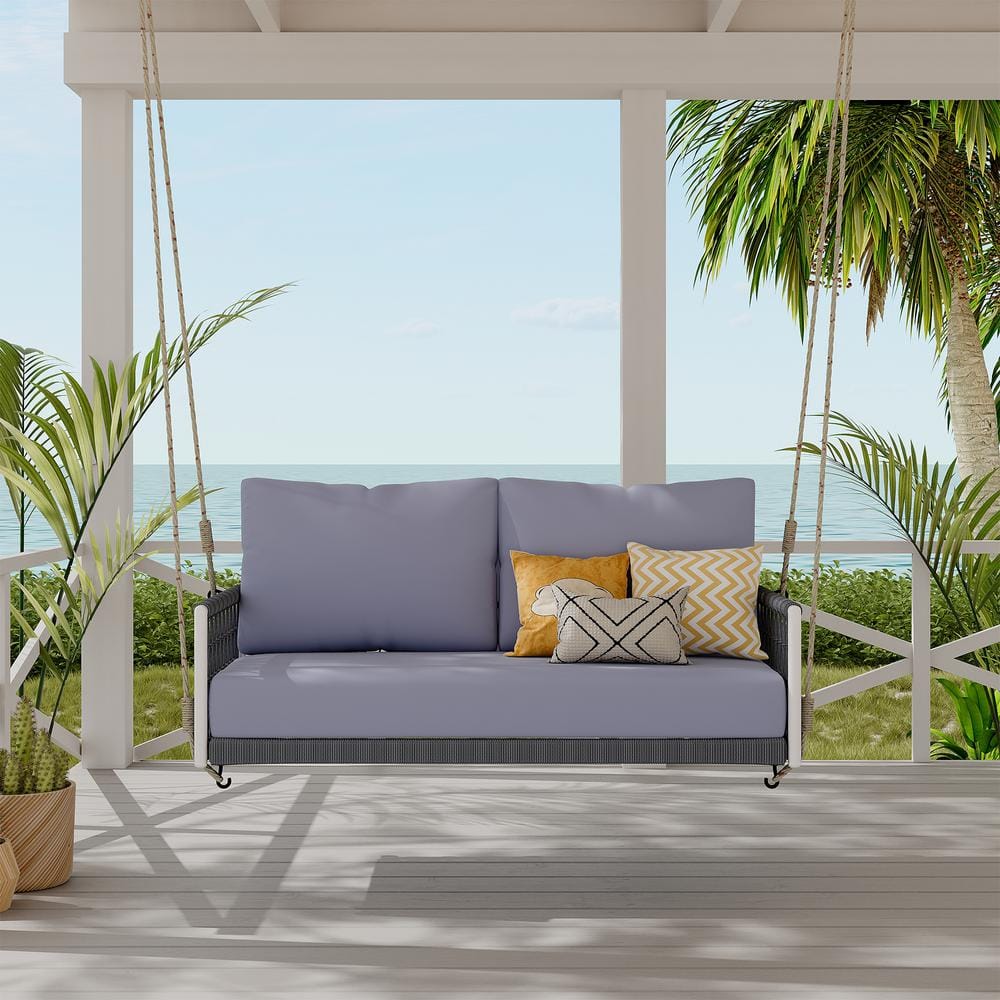 Zeus & Ruta 1-Piece Light Gray Metal Outdoor Porch Swing Sofa with Soft ...