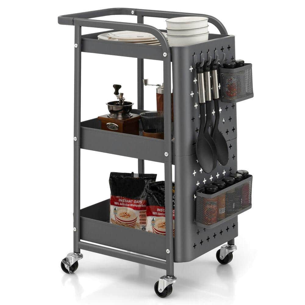 Gray Carbon Steel Multifunction 3-Tier Kitchen Cart with Pegboards and ...