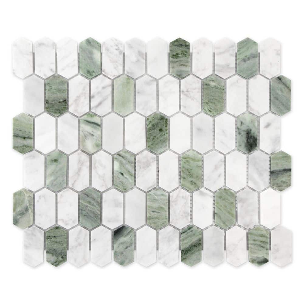 sunwings Long Hexagon Green and Carrara White 12 in. x 10 in. Honed ...