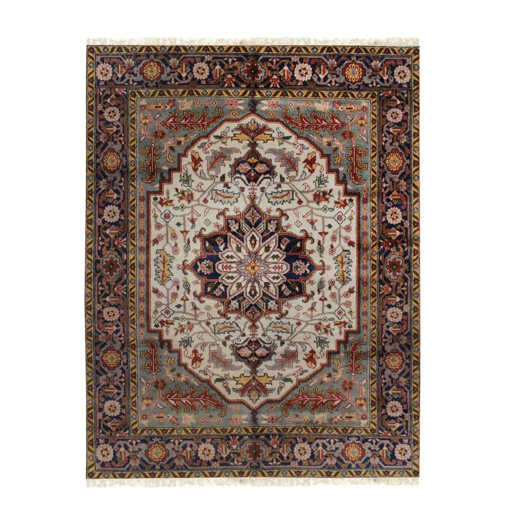 EORC Ivory Hand Knotted Wool Traditional Classic Weave Rug, 6 ft. x 6 ...