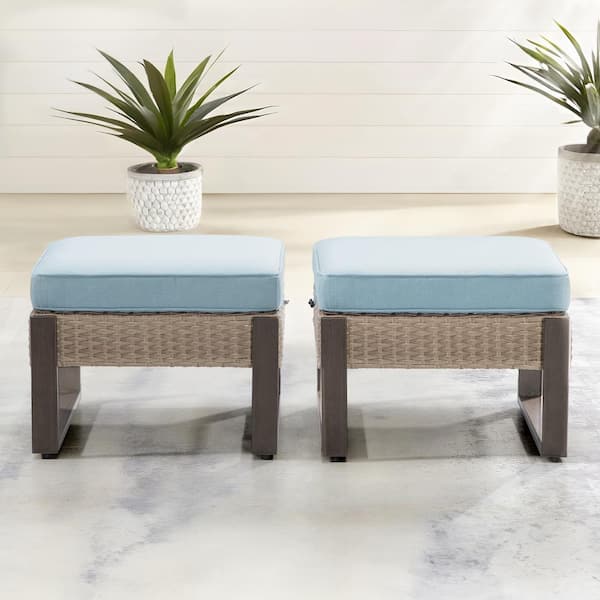 JOYSIDE Wicker Outdoor Ottoman with Steel Frame and Baby Blue Cushions ...