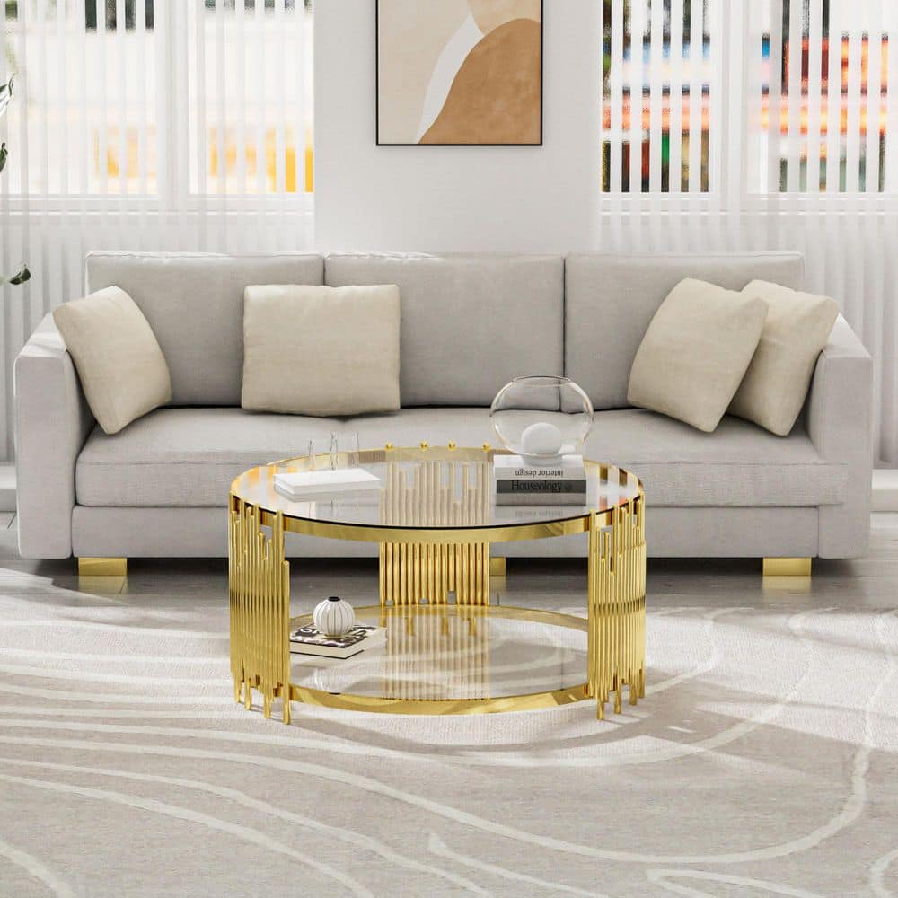 Seafuloy 35 in. Clear Round Glass Coffee Table with Tempered Glass&Gold Legs, 2-Tier Stainless ...