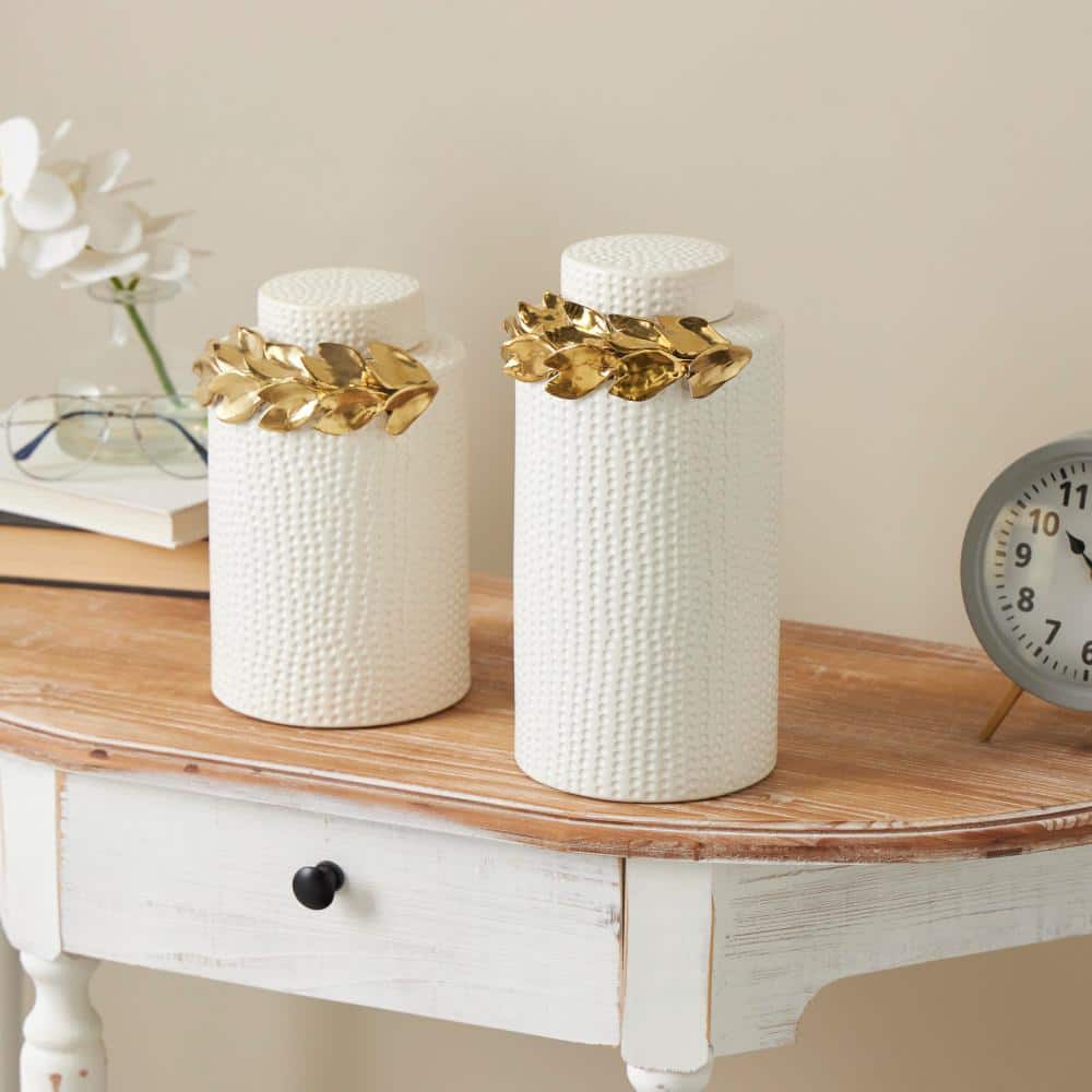 Litton Lane White Ceramic Decorative Jars with Abstract Spotted Pattern ...
