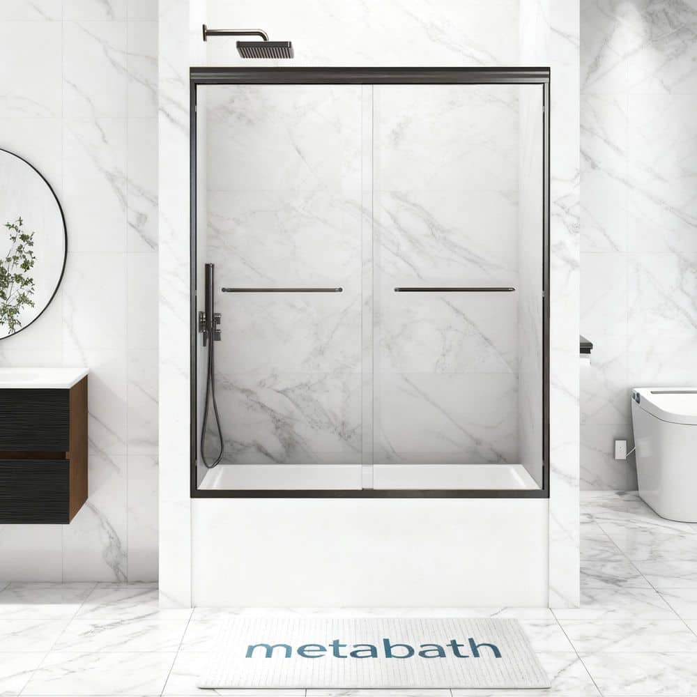 Feelive 56 to 60 in. W x 60 in. H Semi Frameless Double Sliding Tub Door in Matte Black with 5/ ...