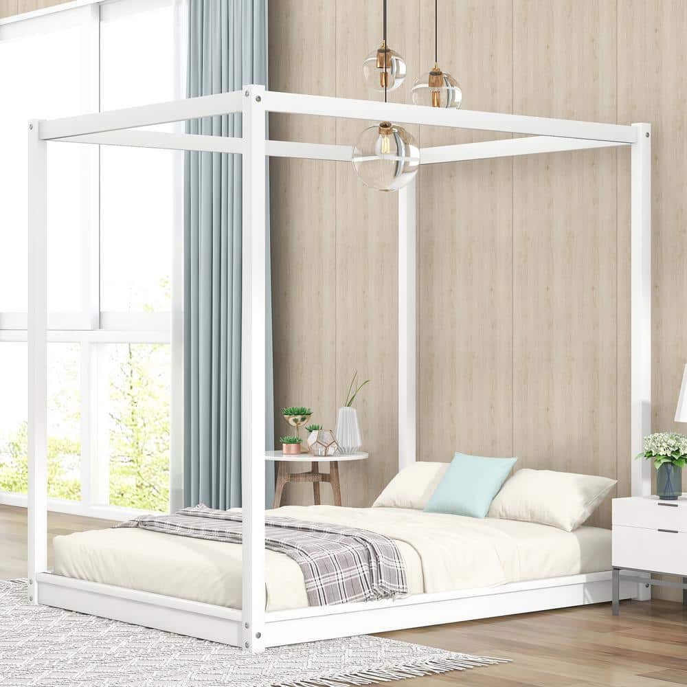 Harper & Bright Designs White Wood Frame Full Size Canopy Bed with ...