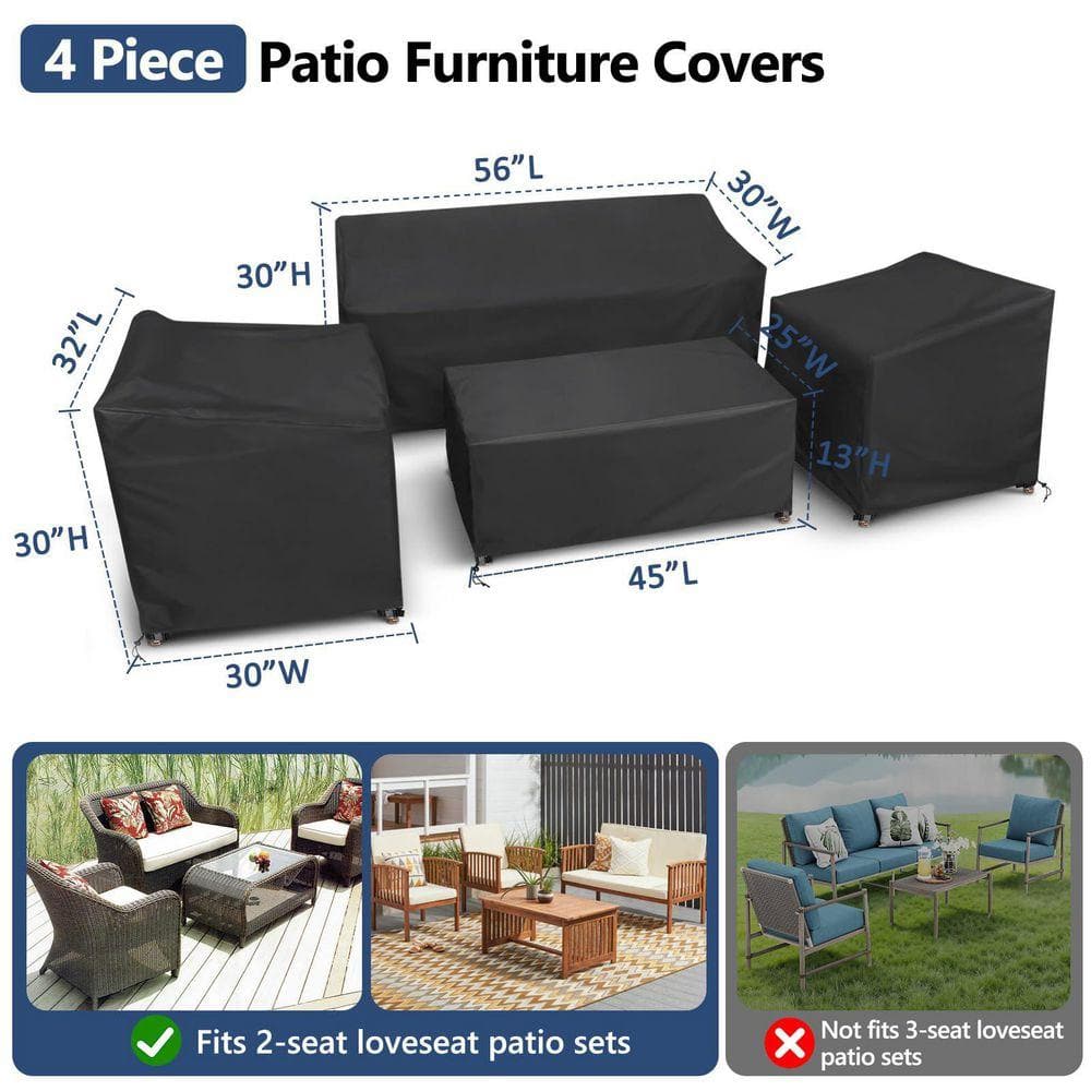 Rect-XL-4 Piece-Black Waterproof Windproof Patio Furniture Set Cover ...