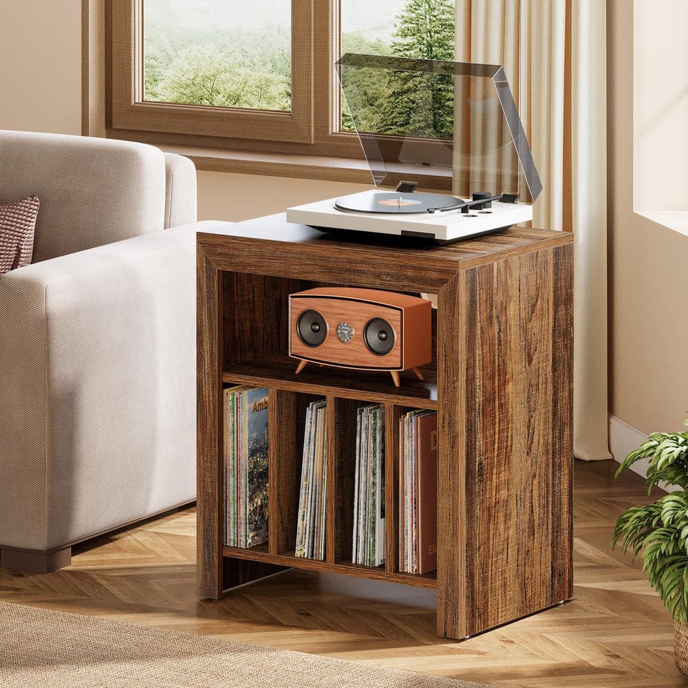 BYBLIGHT Brown Record Player Stand, Large Wooden Vinyl Record Table ...