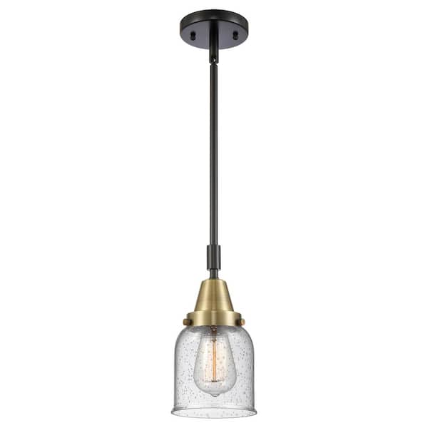 Innovations Bell 100-Watt 1-Light Black Antique Brass Standard Mini Pendant Light with Seeded ...