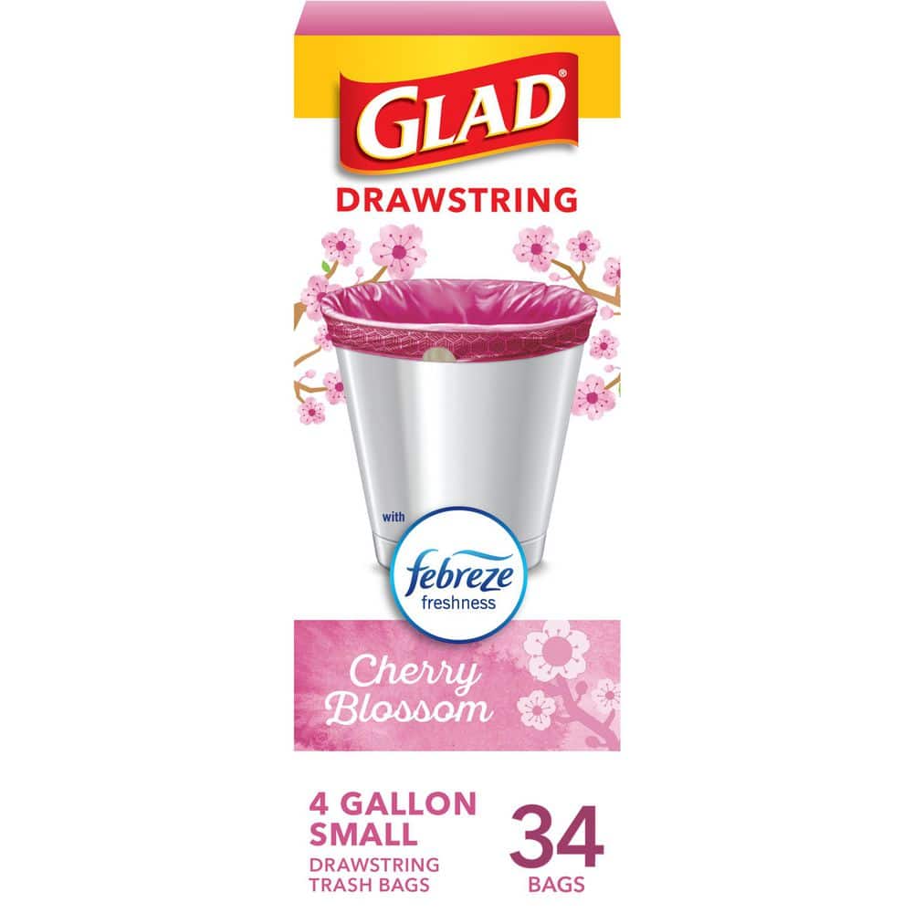Glad 4 Gal. Small Drawstring Cherry Blossom with Febreze Pink Trash ...