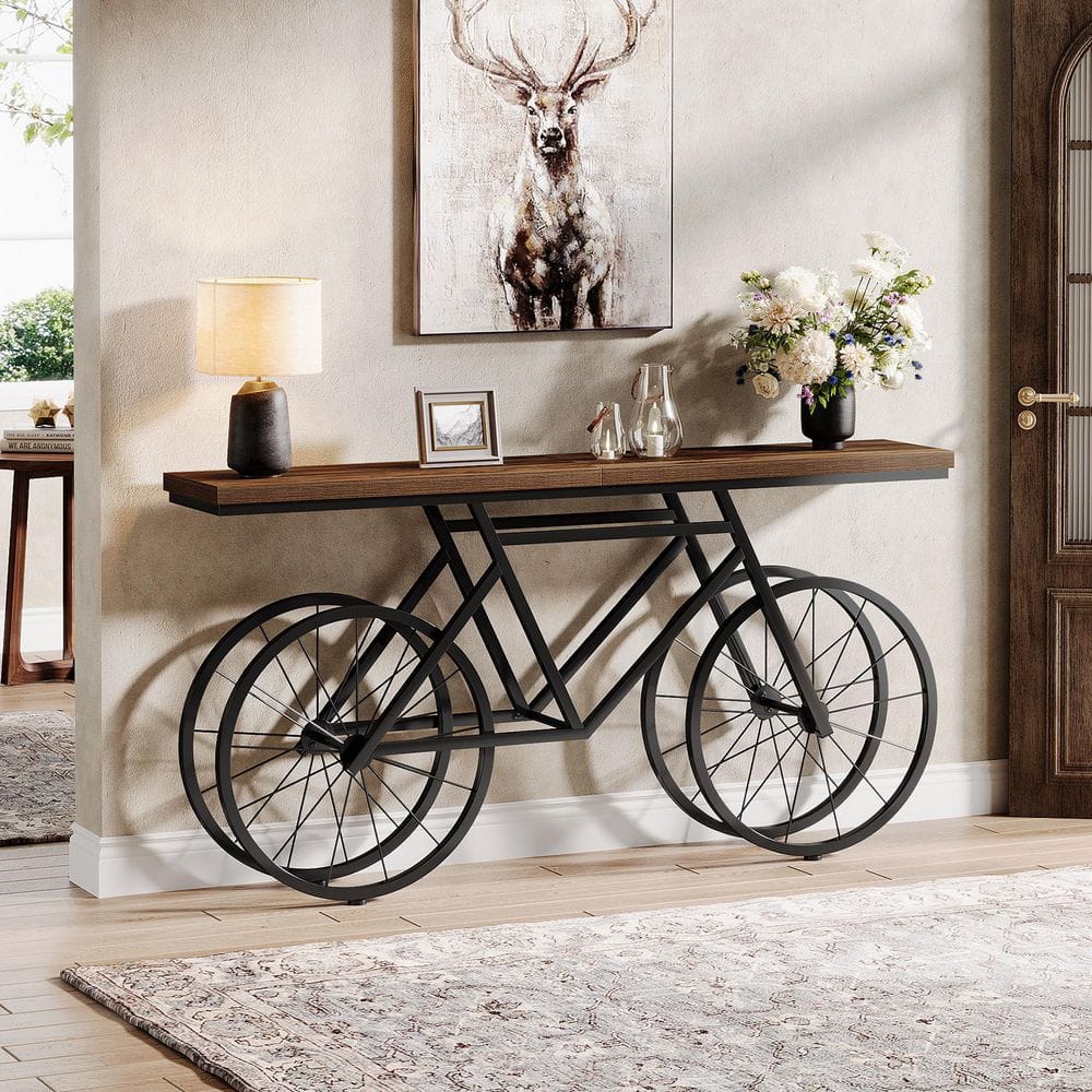 BYBLIGHT 70.9 in. Brown Rectangle Wood Console Table with Bicycle Metal ...