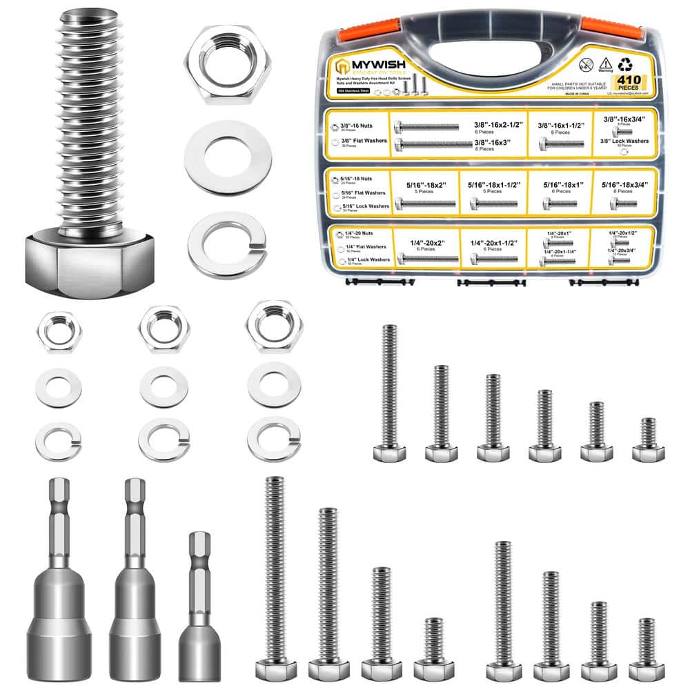 MYWISH 410-Piece Hex Head Nuts and Bolts Assortment Kit, 1/4-20 5/16-18 3/8-16 Bolts and Nuts ...