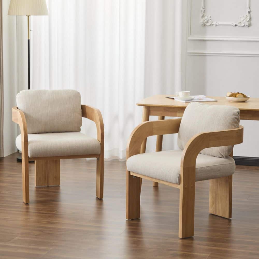 Polibi Beige\Natural Fabric Arm Chair with Solid Wood Frame for Living ...