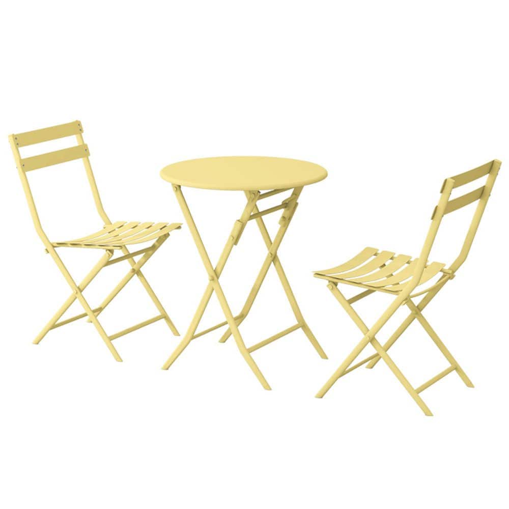 Yellow 3-Piece Metal Foldable Outdoor Bistro Set with Round Table, 2 ...