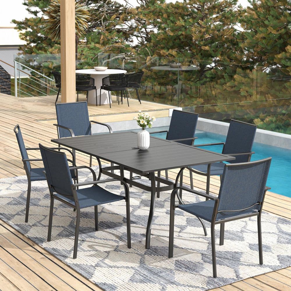 Anmutig 7-Piece Metal Rectangular Outdoor Dining Set-Blue THE28-CDGNV6 ...