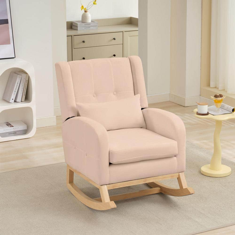 JEAREY Laguna Solid Wood Pink Chenille Rocking Chair with Rubberwood ...