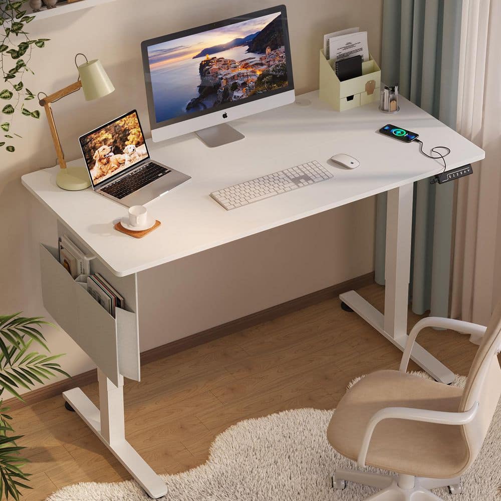 Bestier 55.12 in. Rectangular Light Oak Wood Sit to Stand Desk with 3 ...