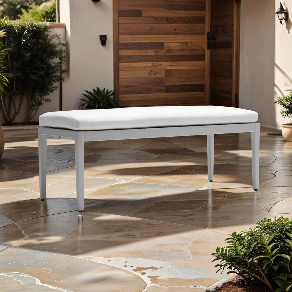 Mondawe 48 in. Light Gray Aluminum Outdoor Bench with White Cushion MD ...