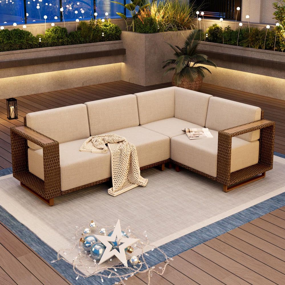 PHI VILLA Brown Rattan Wicker 4 Seat 4-Piece Steel Outdoor Sectional ...