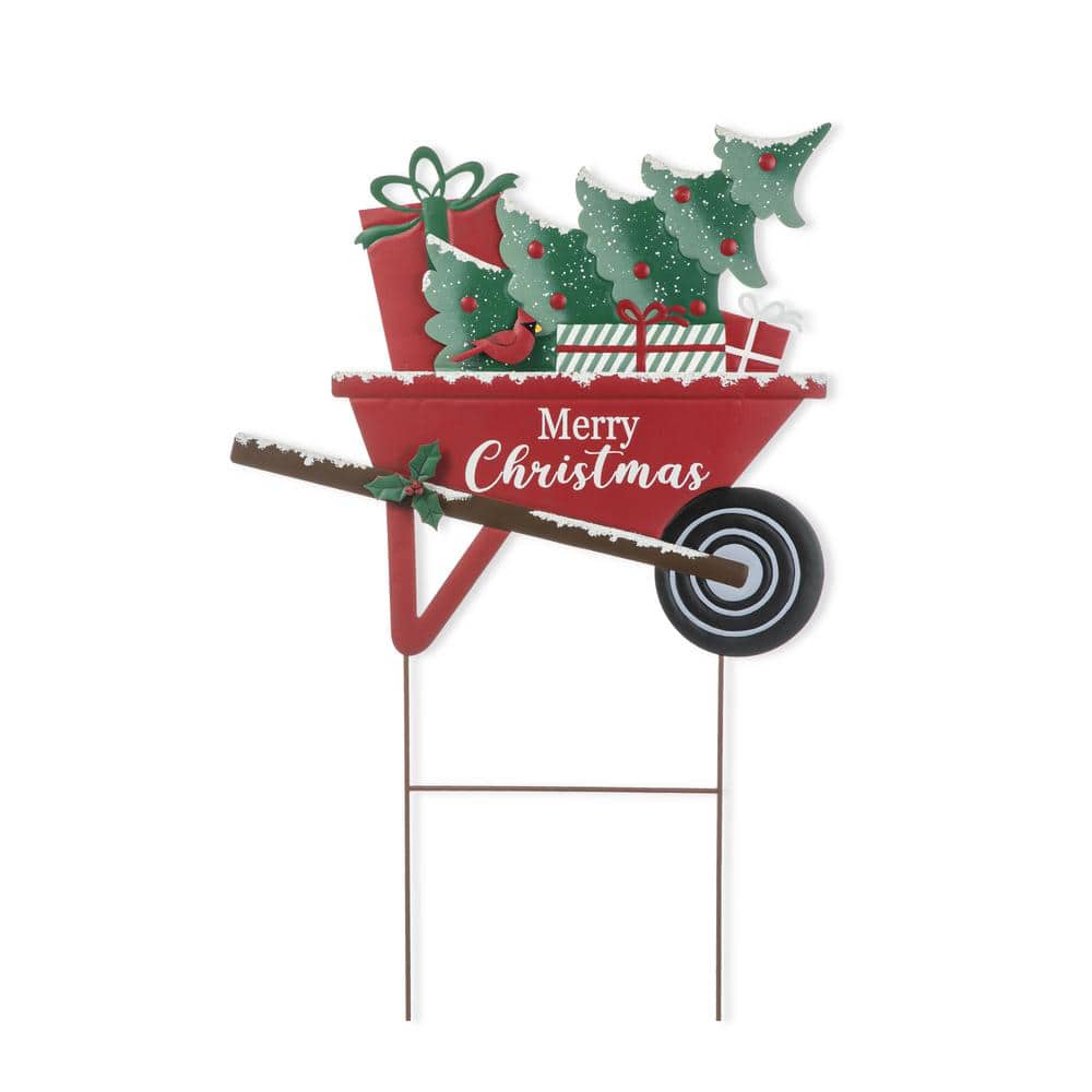 Glitzhome 30 in. H Merry Christmas Theme Metal Wagon Yard Stake or Wall ...