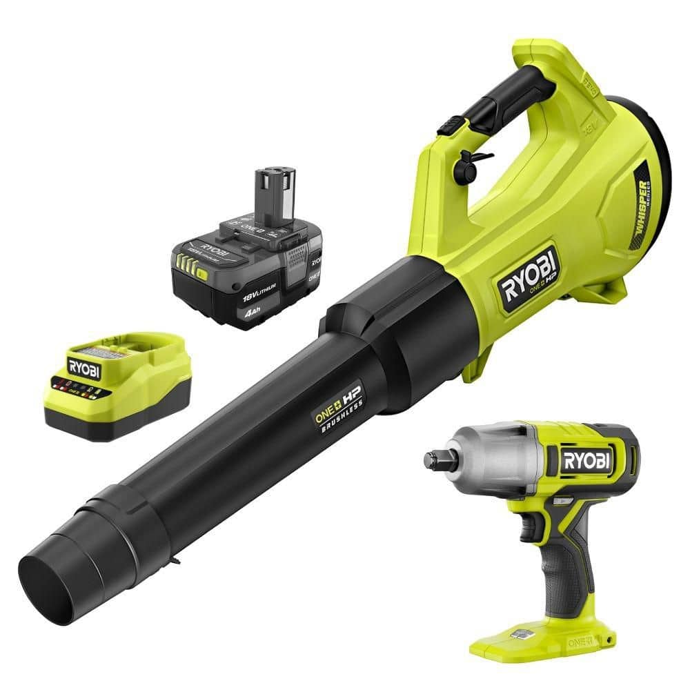 RYOBI ONE+ HP 18V Brushless 450 CFM Cordless Leaf Blower with 4.0 Ah ...