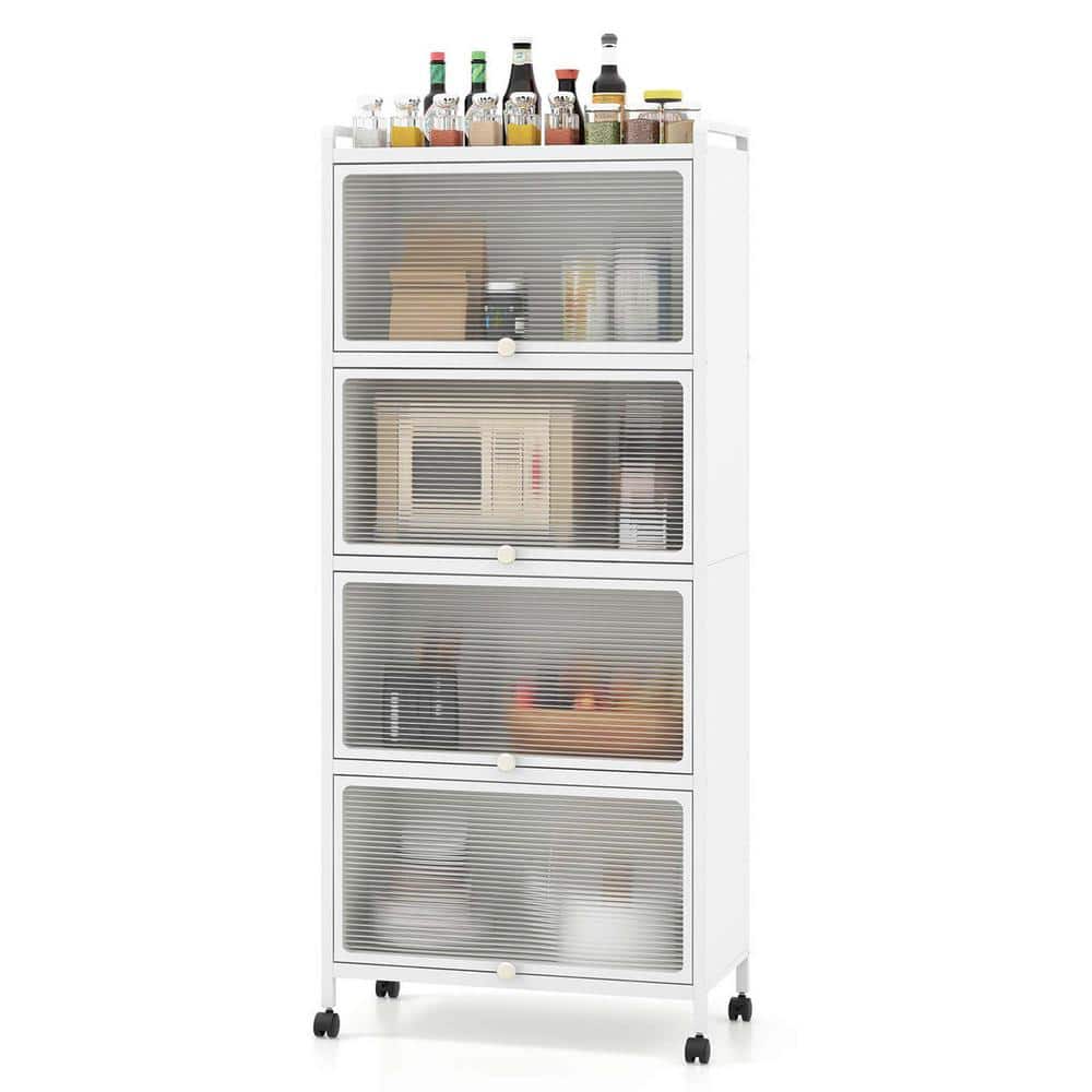 Costway White 4-Shelf Metal 23.5 in. W Kitchen Baker's Rack Storage Cabinet Mobile Microwave ...