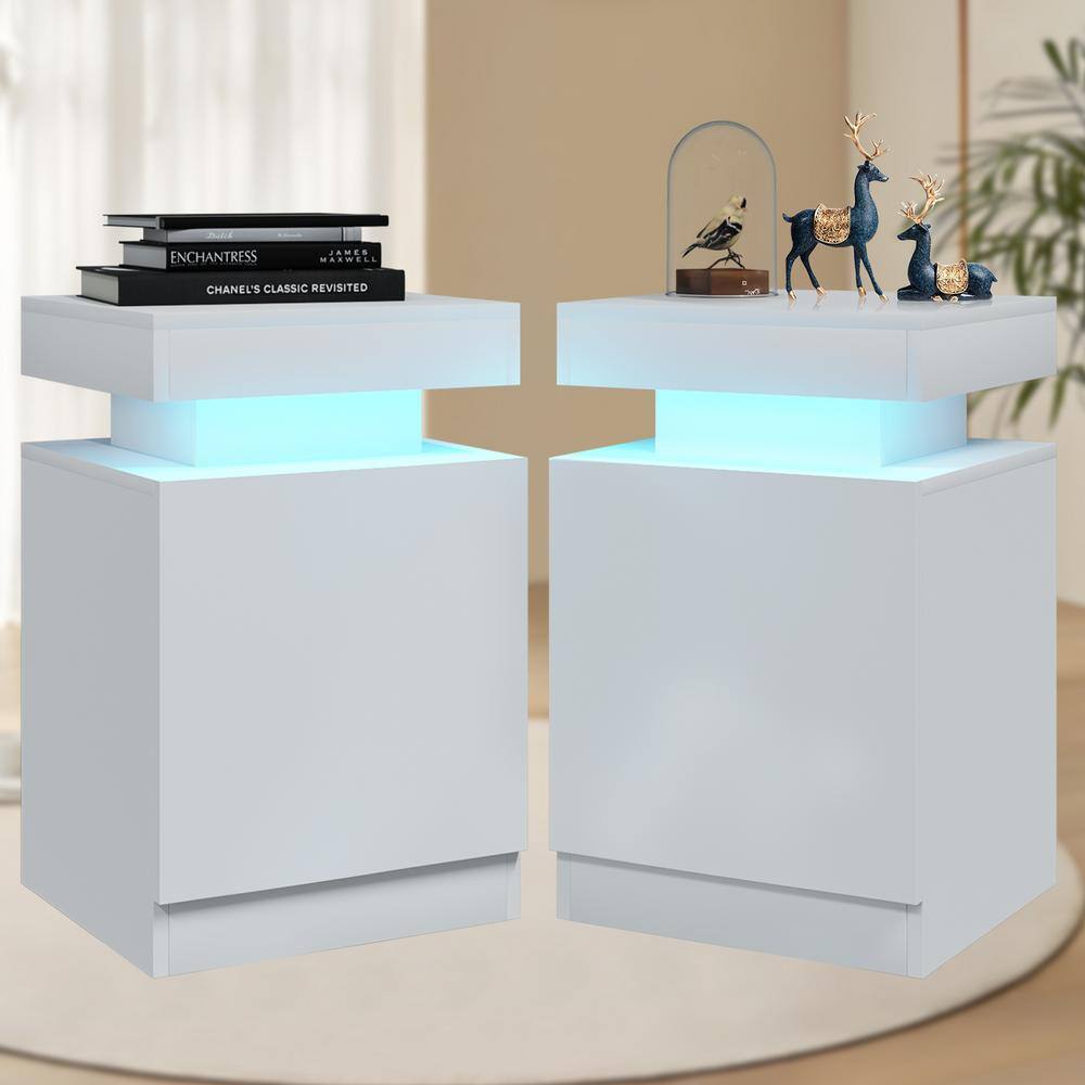 White Modern Nightstand with LED Lights Bedside Table with Storage Cabinet 2 Piece
