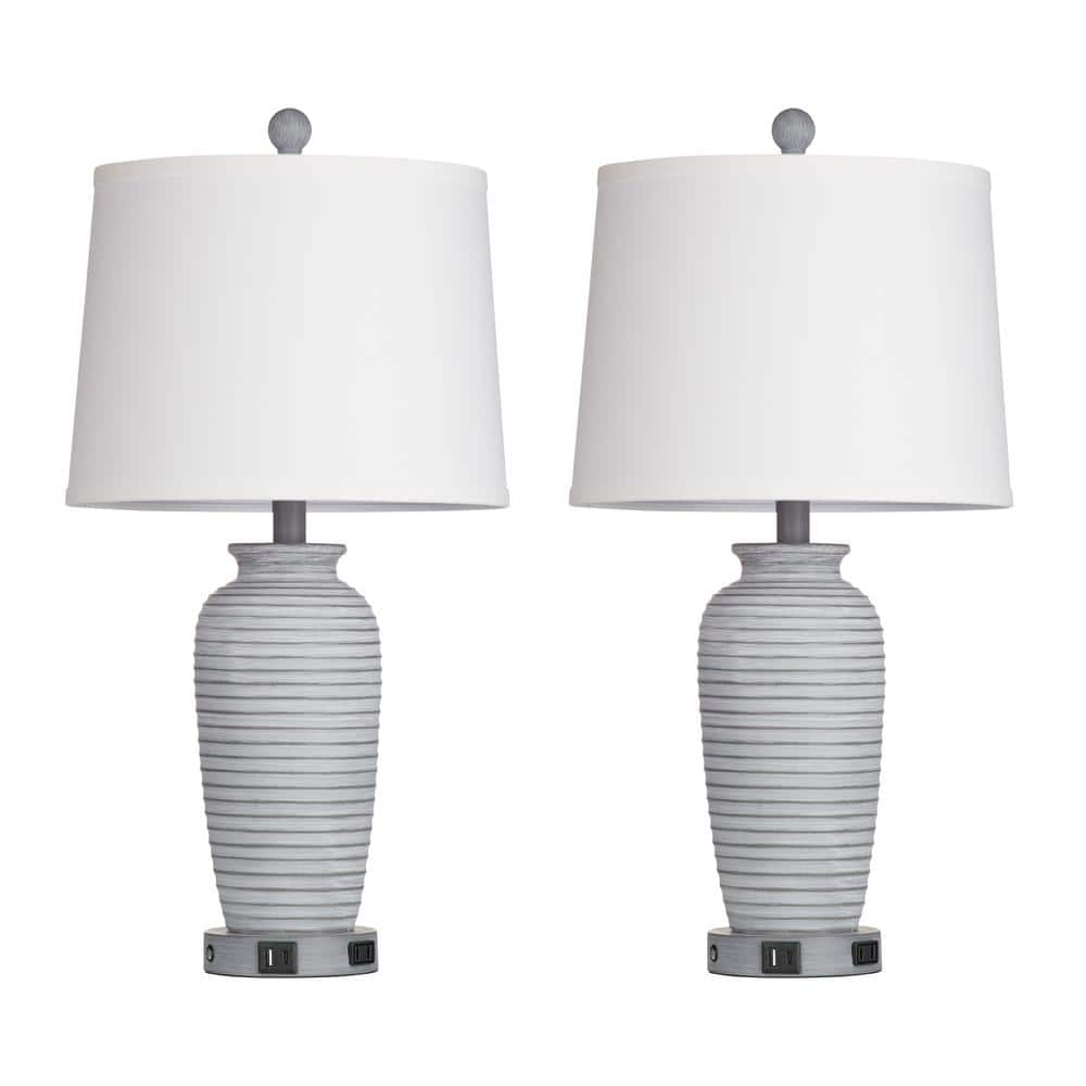 Cinkeda Allisan 25.5 in. Gray Ceremic Table Lamp Set with Type-C, USB ...