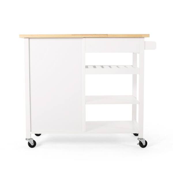 FAMYYT Rolling White Rubber Wood Tabletop 42 in. Kitchen Island with ...