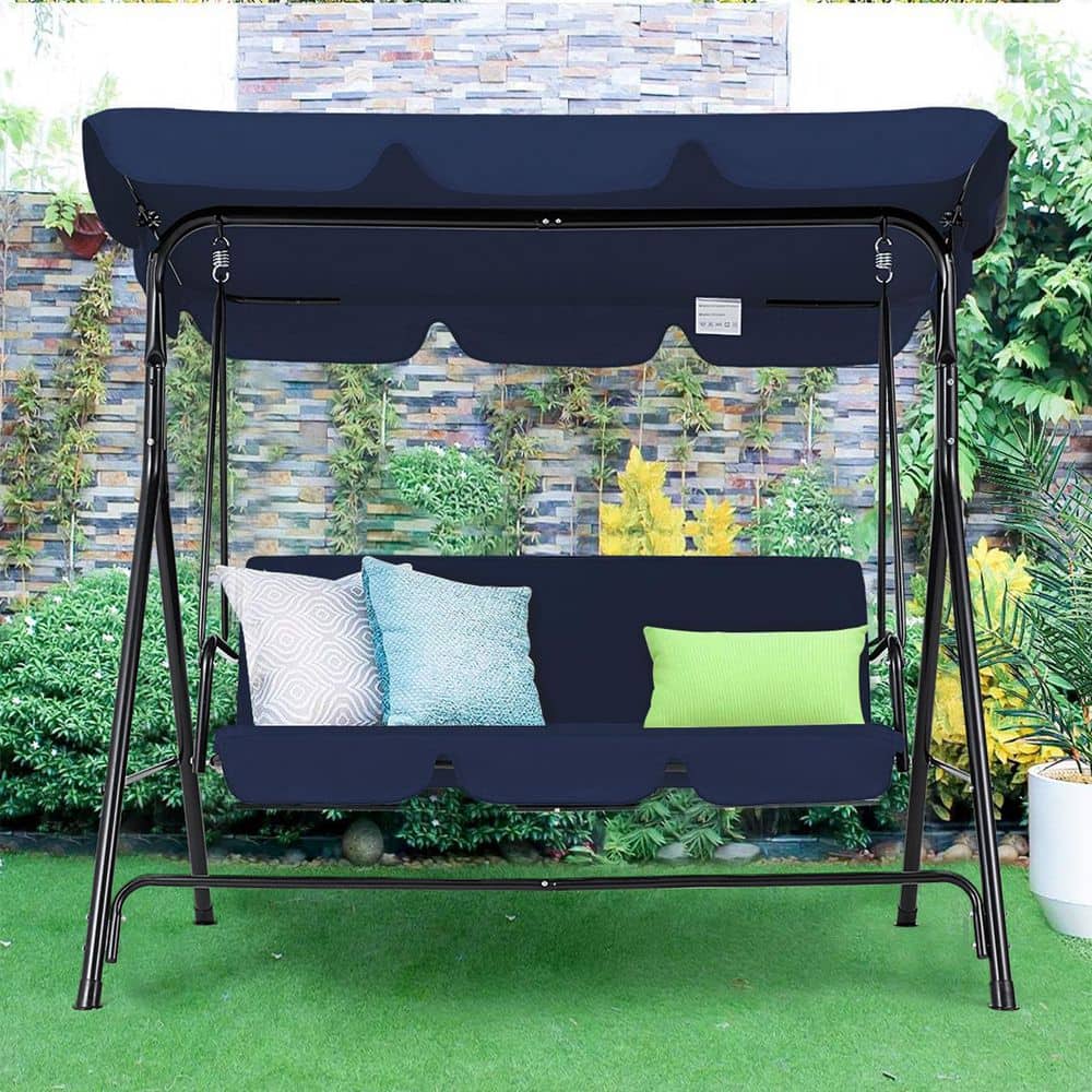 LuckByte 3-Seat Black Metal Outdoor Patio Swing Chair with Canopy and ...