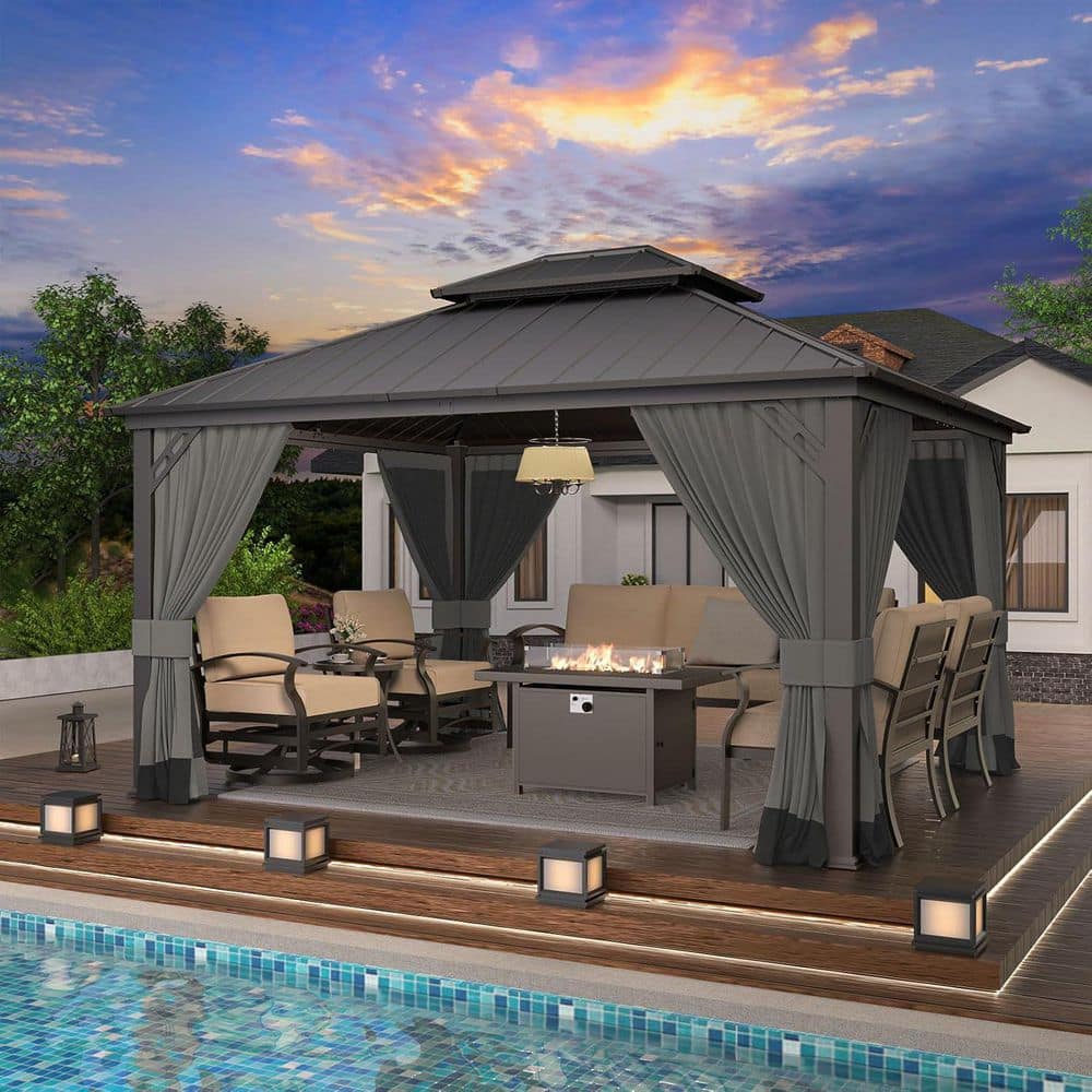 Halmuz 12 ft. x 14 ft. Gray Metal Hardtop Gazebo with Double Roof ...